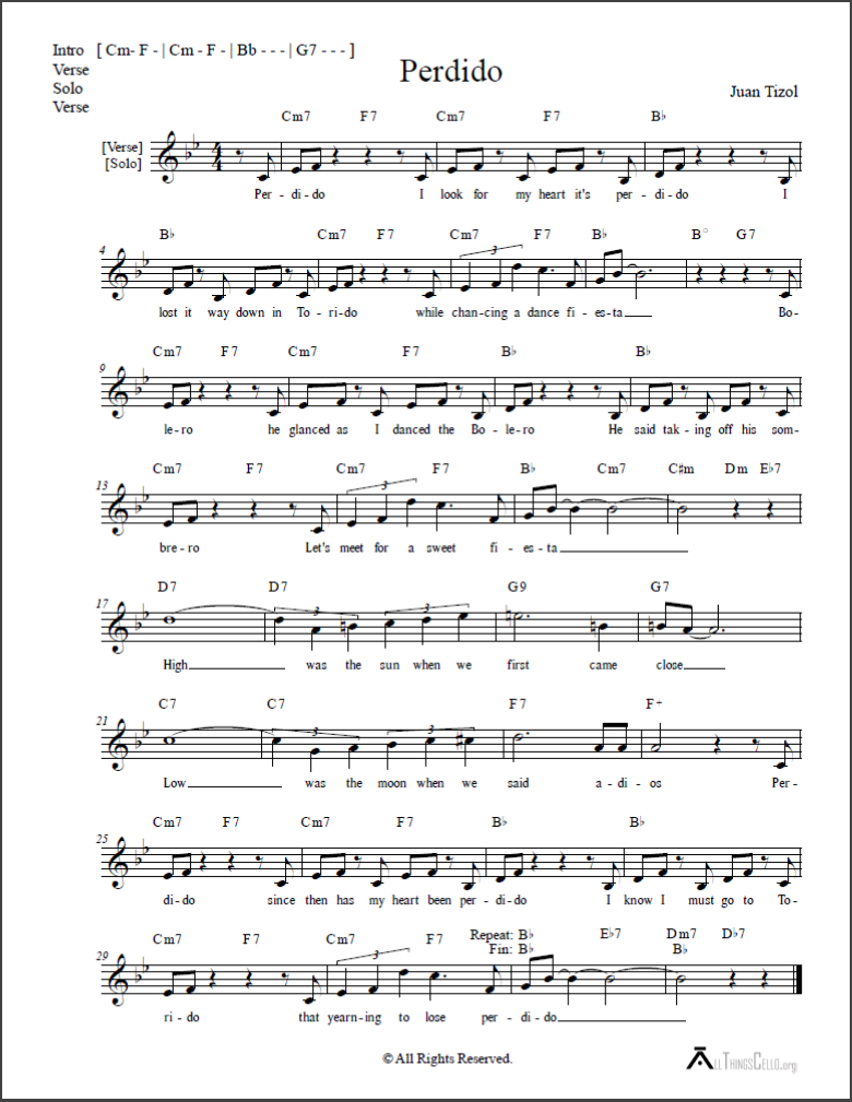 Perdido - Tizol - Original Key of Bb Major - Sheet Music - All Things ...